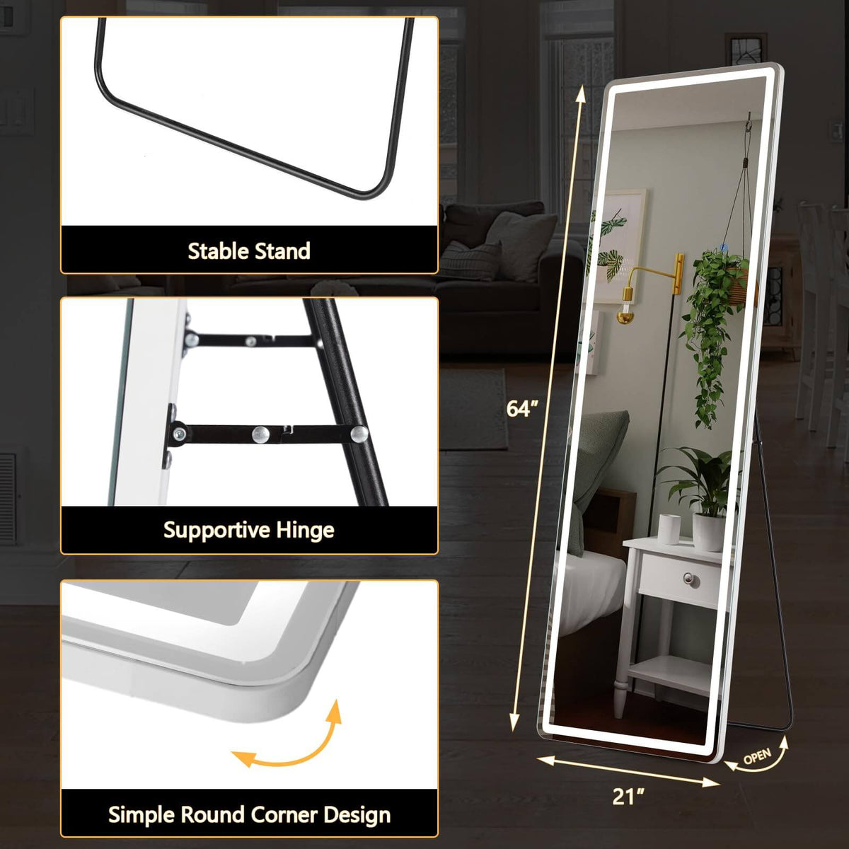 edx 3 Color Lighting Mirror with LED Lights, 64"x21" Lighted Floor Sta